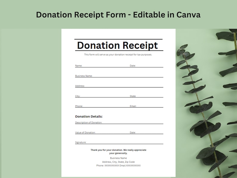 Donation Receipt Form, Editable Template for Donations, Nonprofit ...