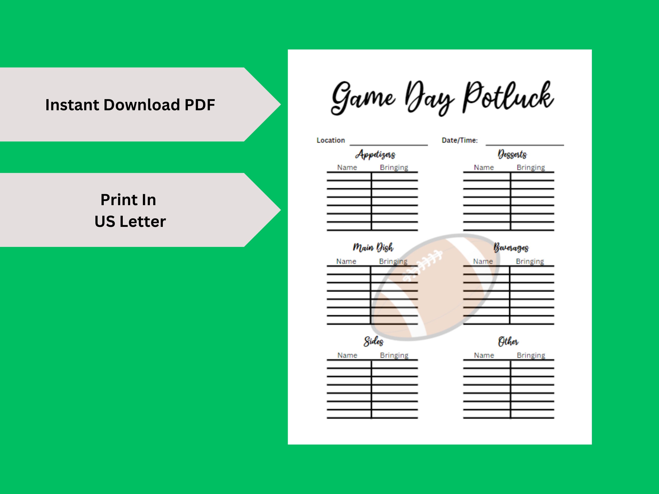 Game Day Football Potluck, Meal Sign up Sheet, Office Potluck, Print ...