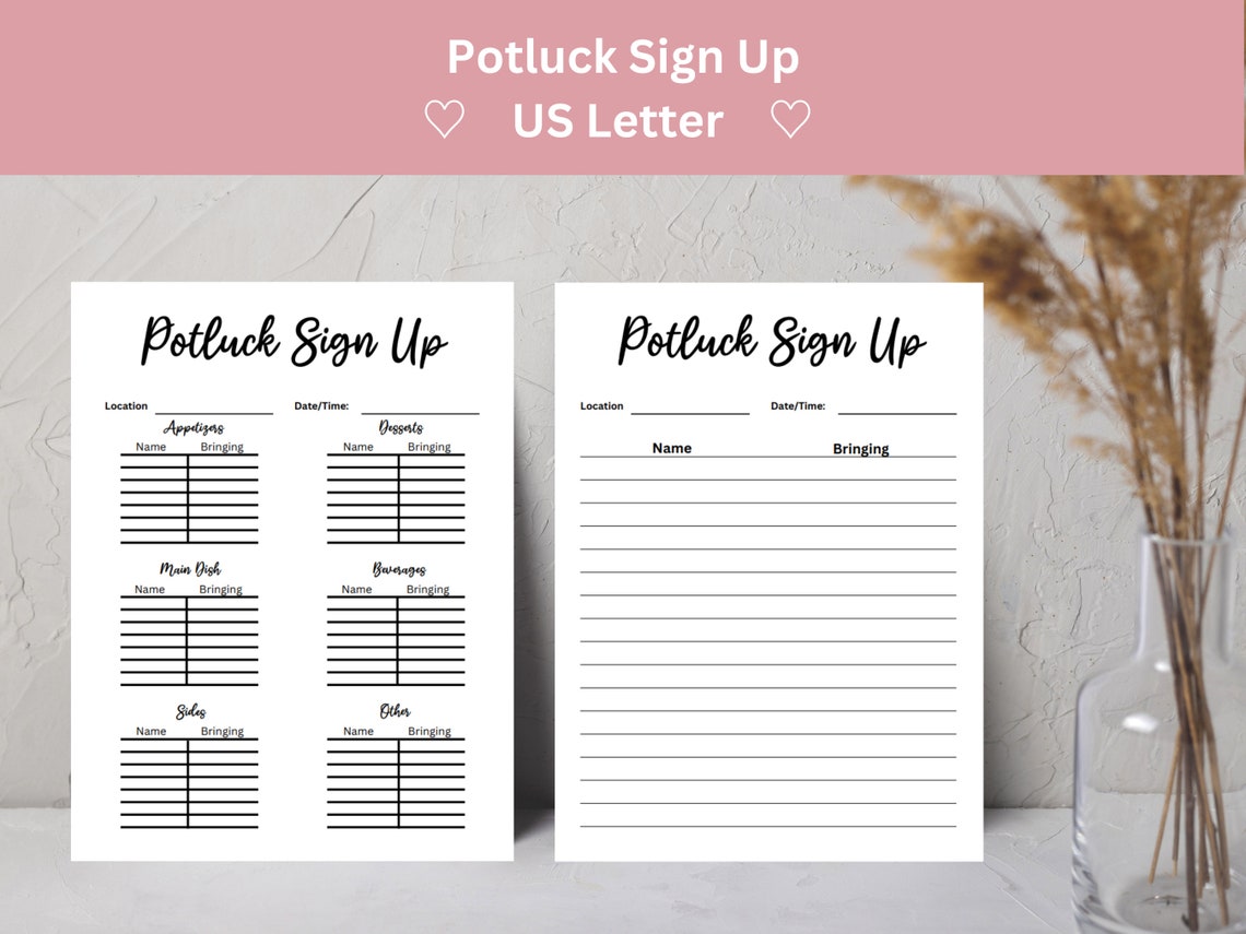 Potluck Sign Up, Meal Sign up Sheet, Office Potluck, Print From Home ...