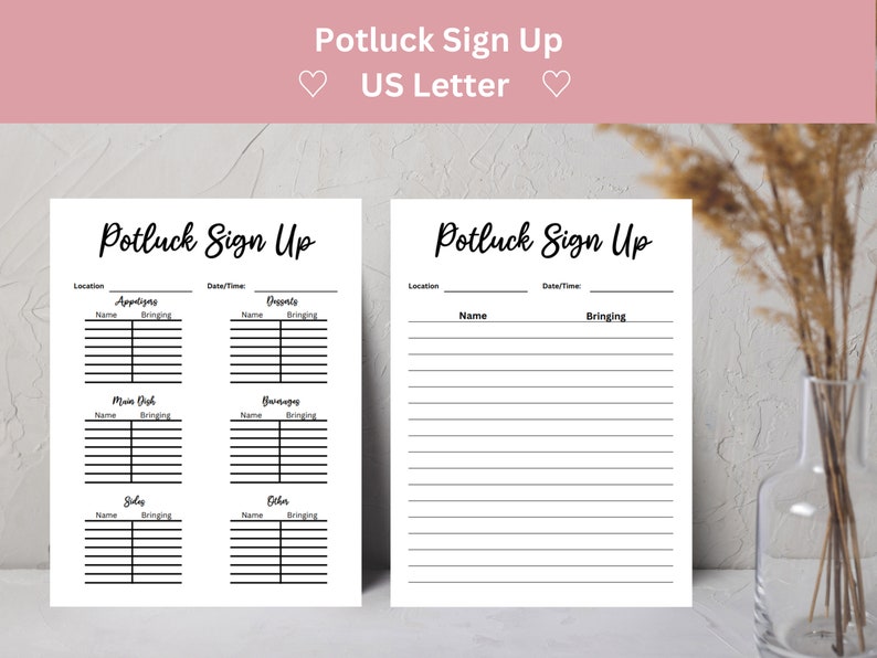 Potluck Sign Up, Meal Sign up Sheet, Office Potluck, Print From Home ...