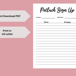 Potluck Sign Up, Meal Sign up Sheet, Office Potluck, Print From Home ...