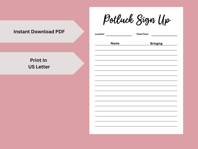 Potluck Sign Up, Meal Sign up Sheet, Office Potluck, Print From Home ...