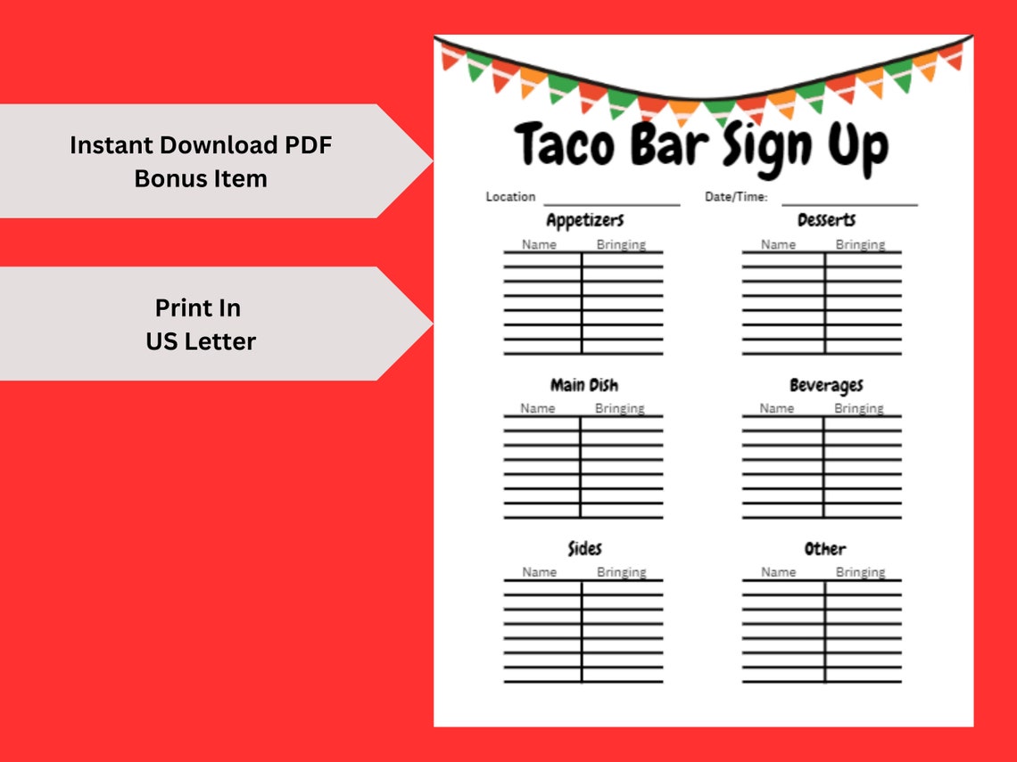 Taco Bar Sign Up, Taco Tuesday, Meal Sign up Sheet, Taco Bar Menu ...
