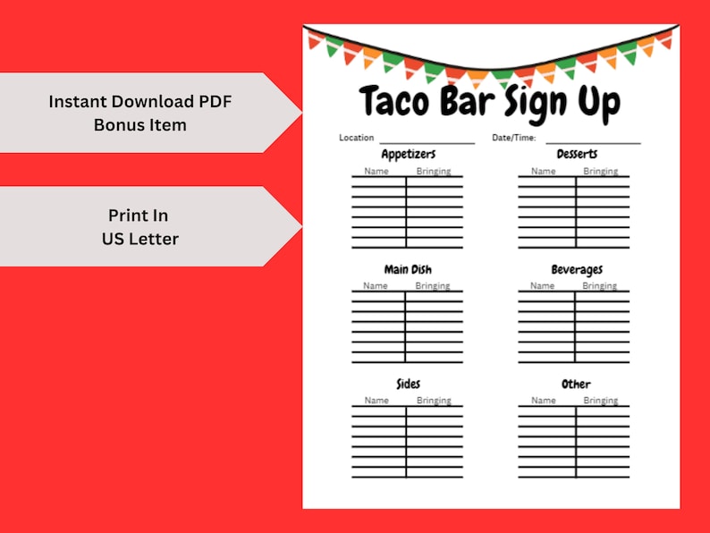 Taco Bar Sign Up, Taco Tuesday, Meal Sign up Sheet, Taco Bar Menu ...
