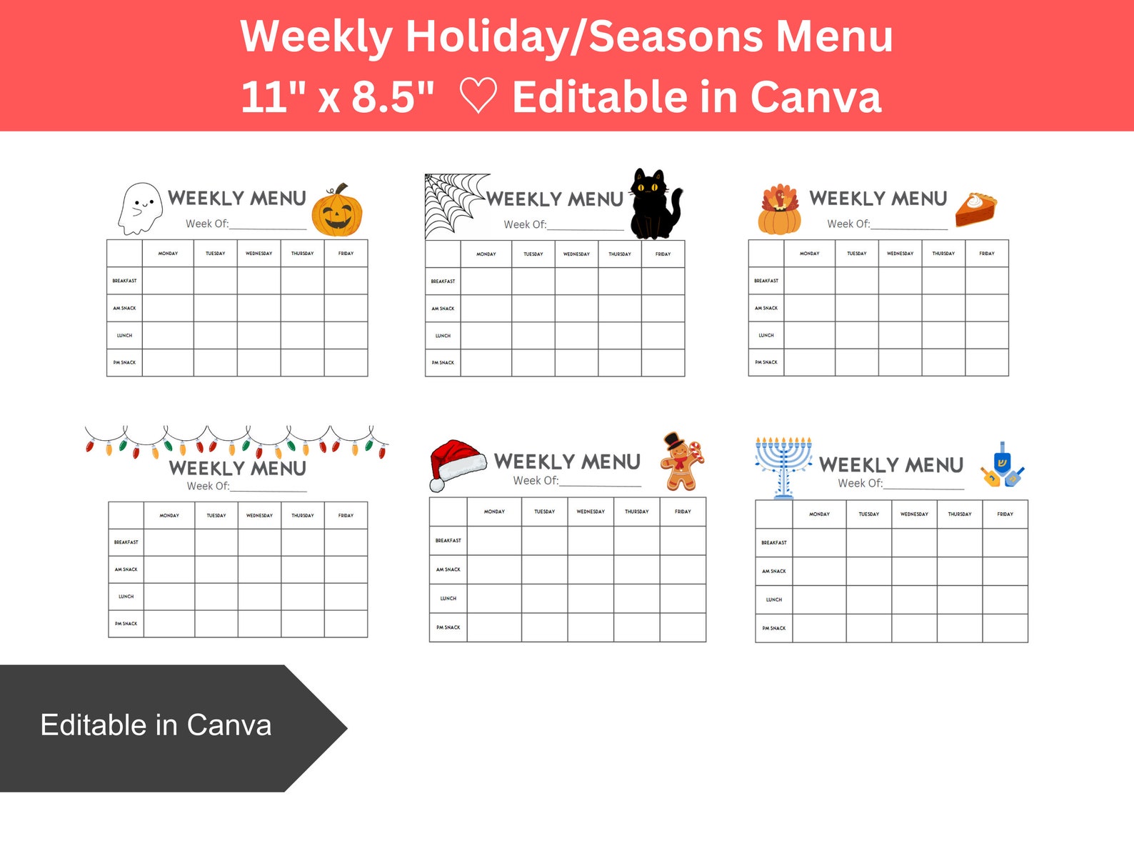 Weekly Holiday/season Daycare Menu Editable Template, Preschool Menu ...