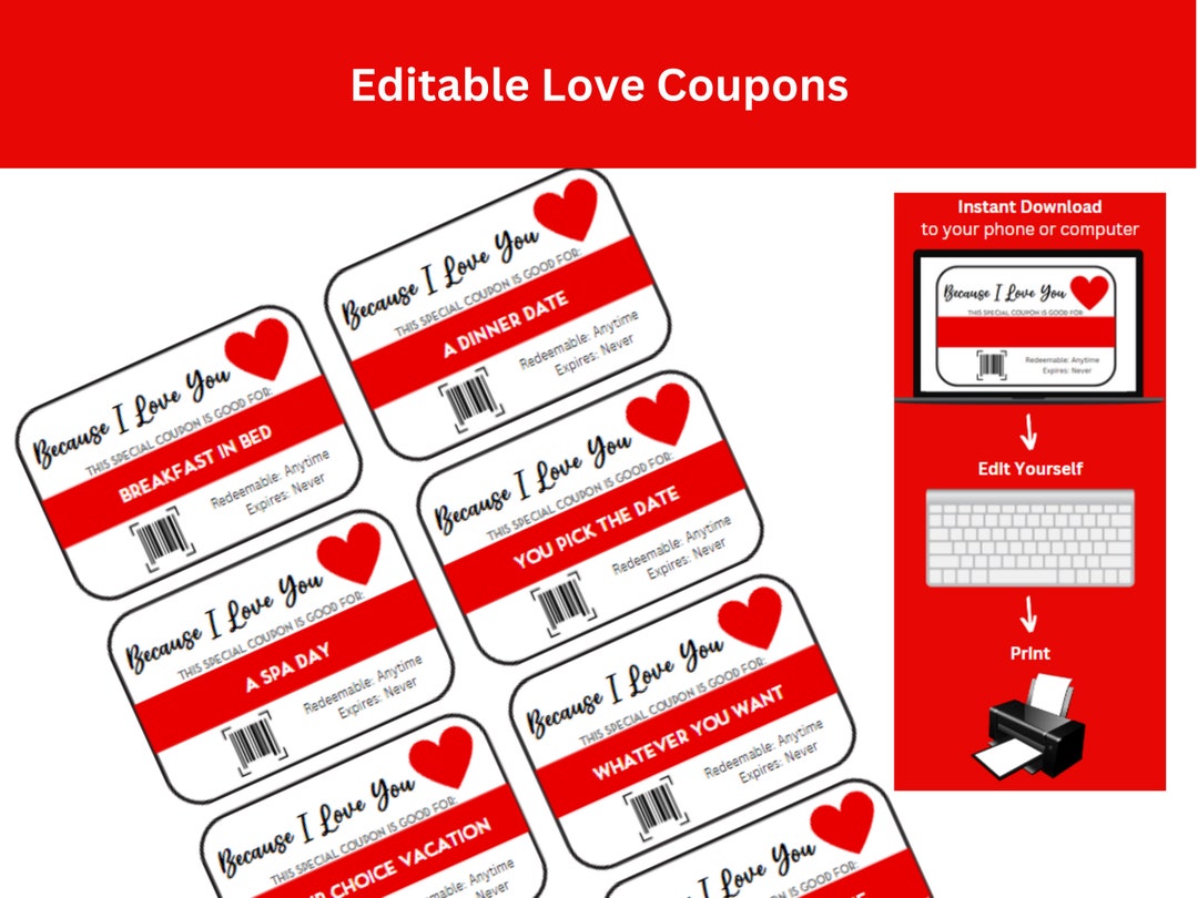 Editable Love Coupons, Valentines Day Coupons, Valentines Day Gift ...