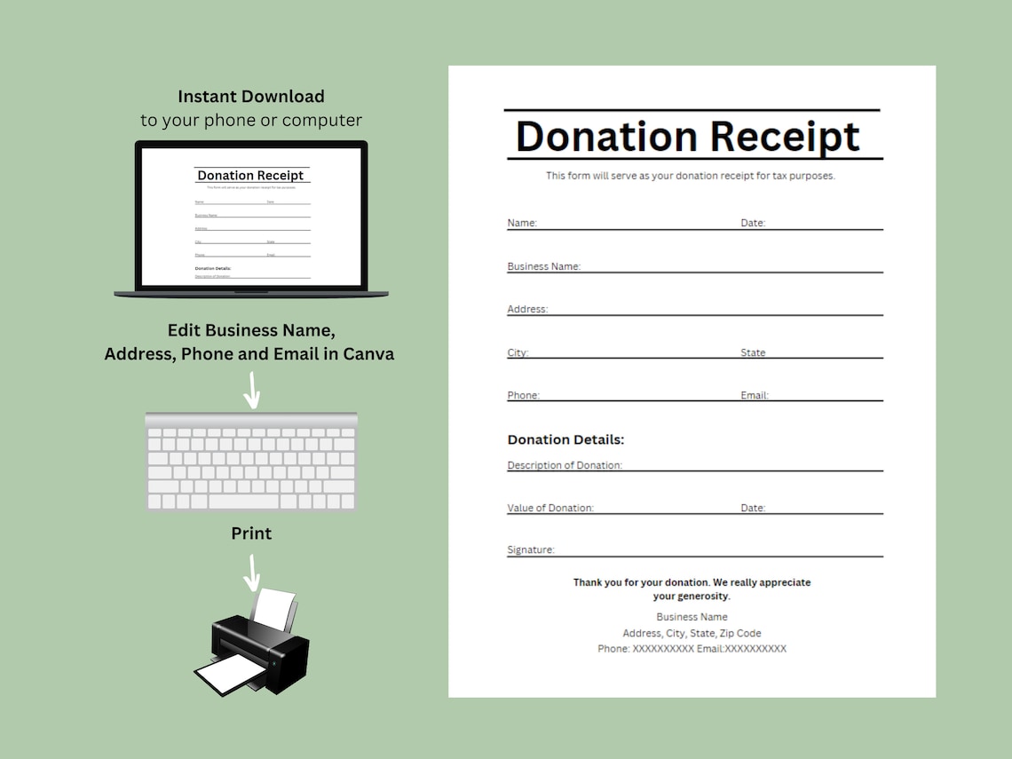 Donation Receipt Form, Editable Template for Donations, Nonprofit ...