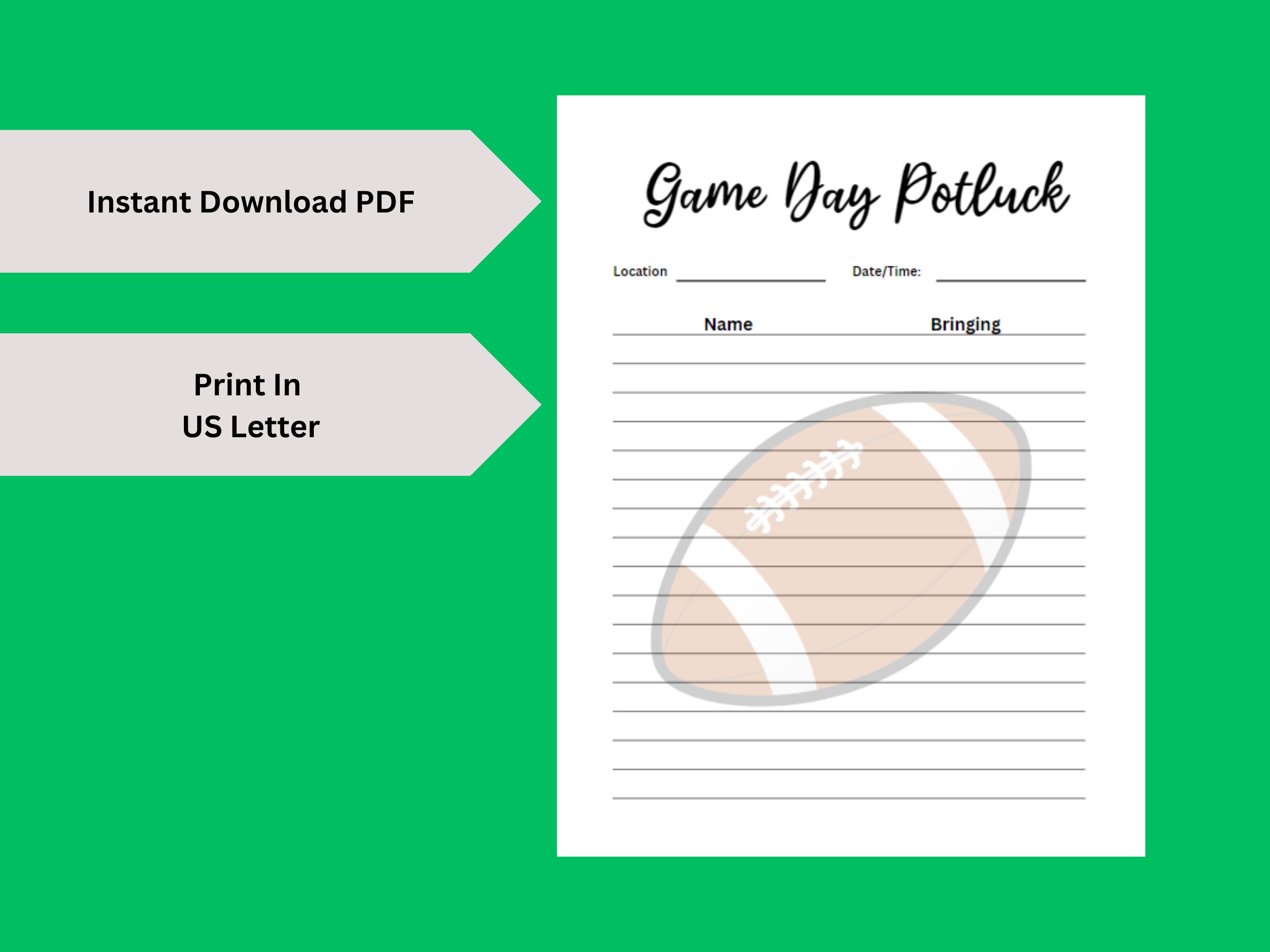 Game Day Football Potluck, Meal Sign up Sheet, Office Potluck, Print ...