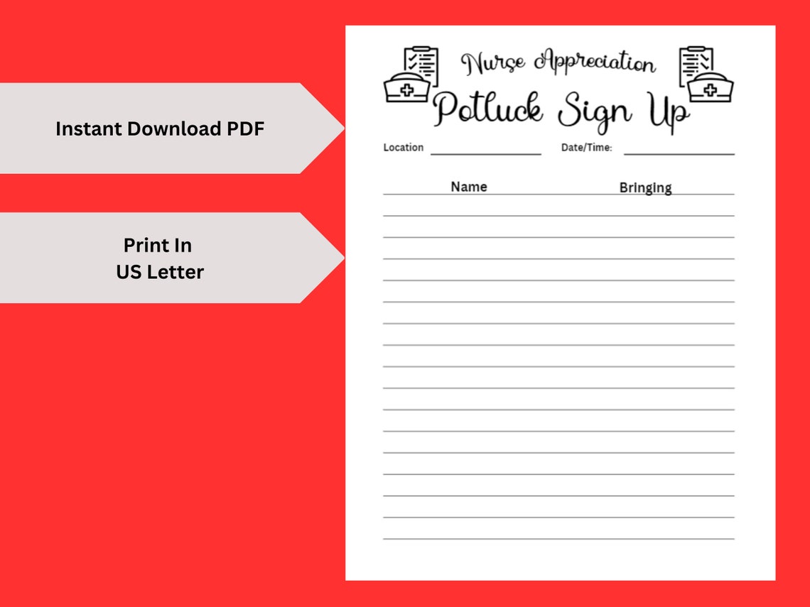 Nurse Appreciation Potluck Sign Up, Meal Sign up Sheet, Office/hospital ...