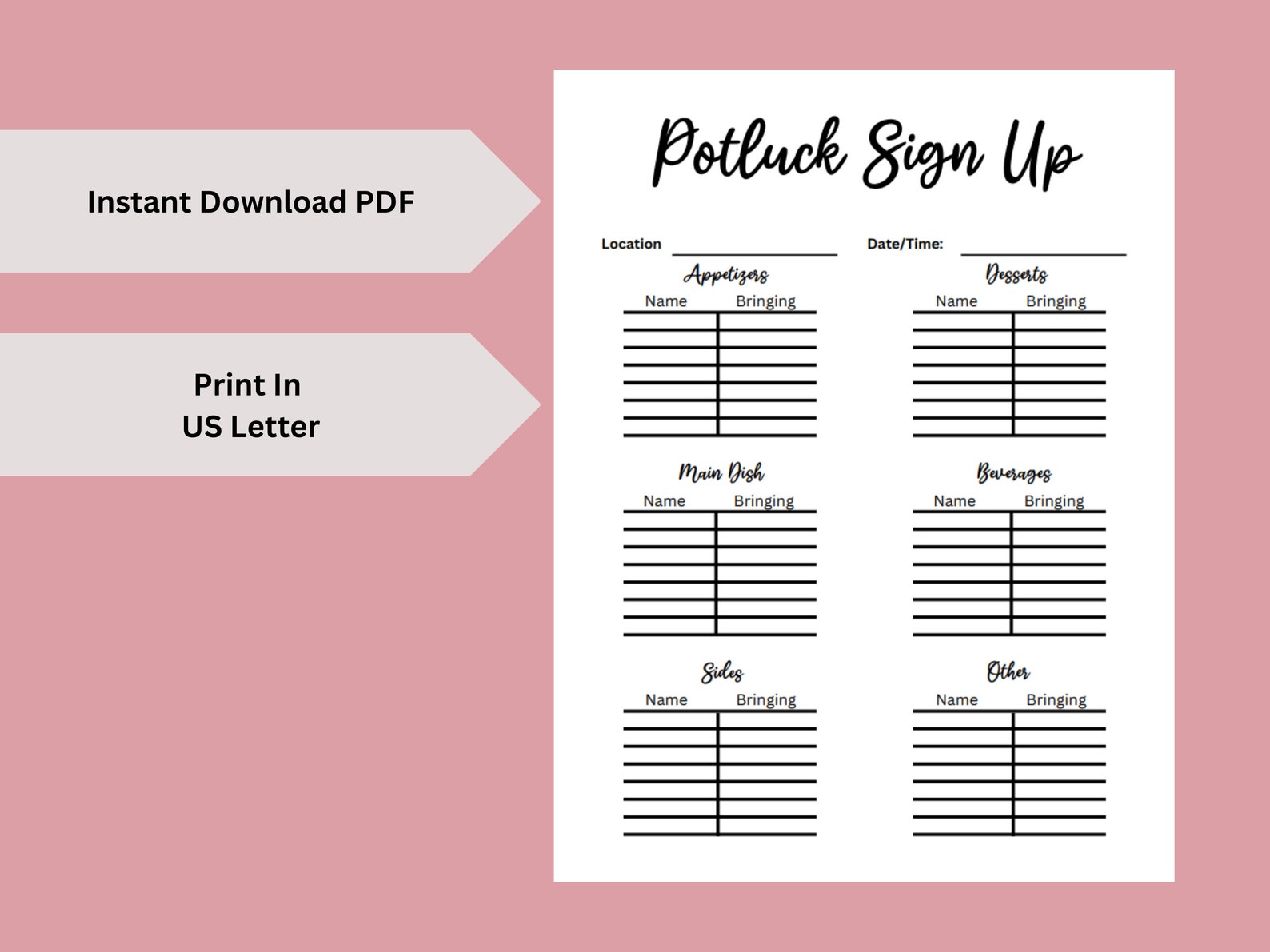 Potluck Sign Up, Meal Sign up Sheet, Office Potluck, Print From Home ...