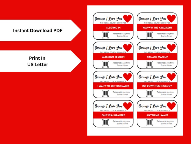 Editable Love Coupons, Valentines Day Coupons, Valentines Day Gift ...
