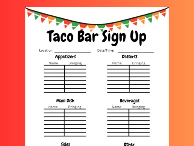 Taco Bar Sign Up, Taco Tuesday, Meal Sign up Sheet, Taco Bar Menu ...