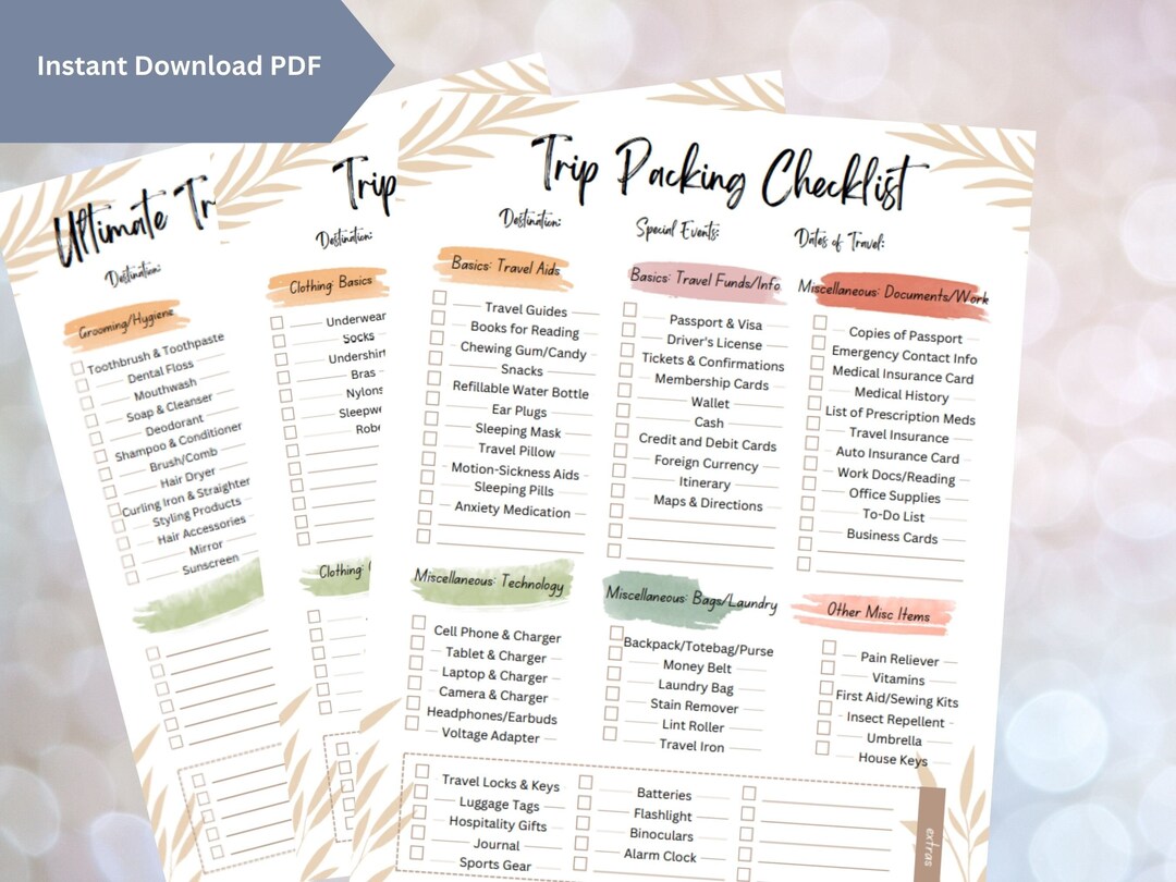 Trip Packing List Vacation Packing Planner Instant Download PDF - Etsy
