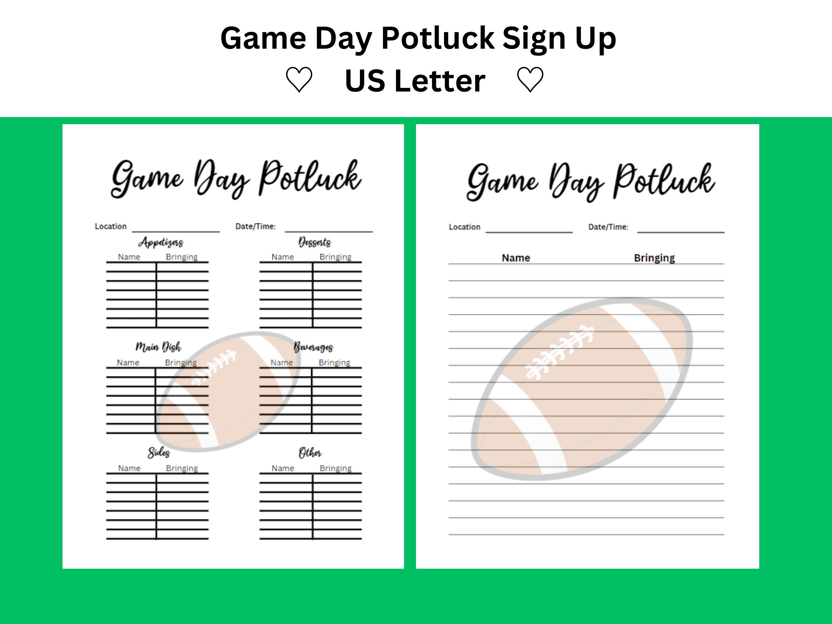Game Day Football Potluck, Meal Sign up Sheet, Office Potluck, Print ...