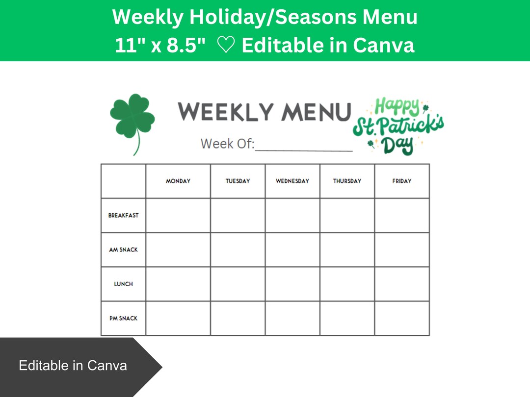 Weekly Holiday/season Daycare Menu Editable Template, Preschool Menu ...