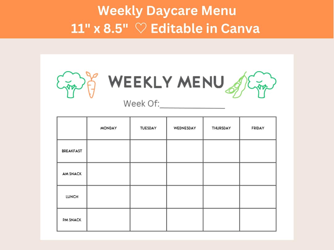 Weekly Daycare Menu Editable Template, Preschool Menu, Weekly Menu ...