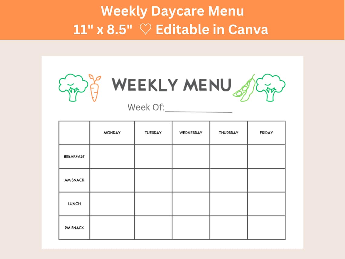 Weekly Daycare Menu Editable Template, Preschool Menu, Weekly Menu ...