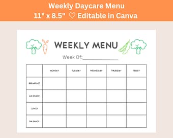 Home Daycare Monthly Menu Printable, Editable Daycare Meal Planner ...