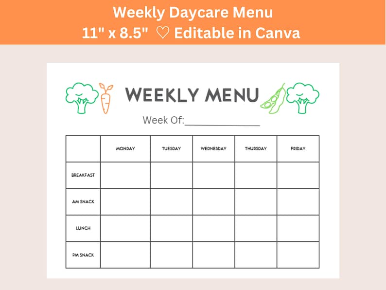 Weekly Daycare Menu Editable Template, Preschool Menu, Weekly Menu ...