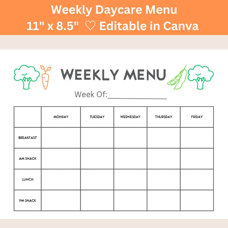 Daycare Weekly Menu - Etsy