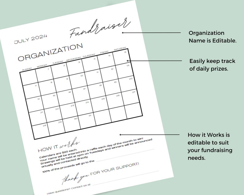 Calendar Raffle Fundraiser, July 2024, Sports Fundraiser, Charity ...