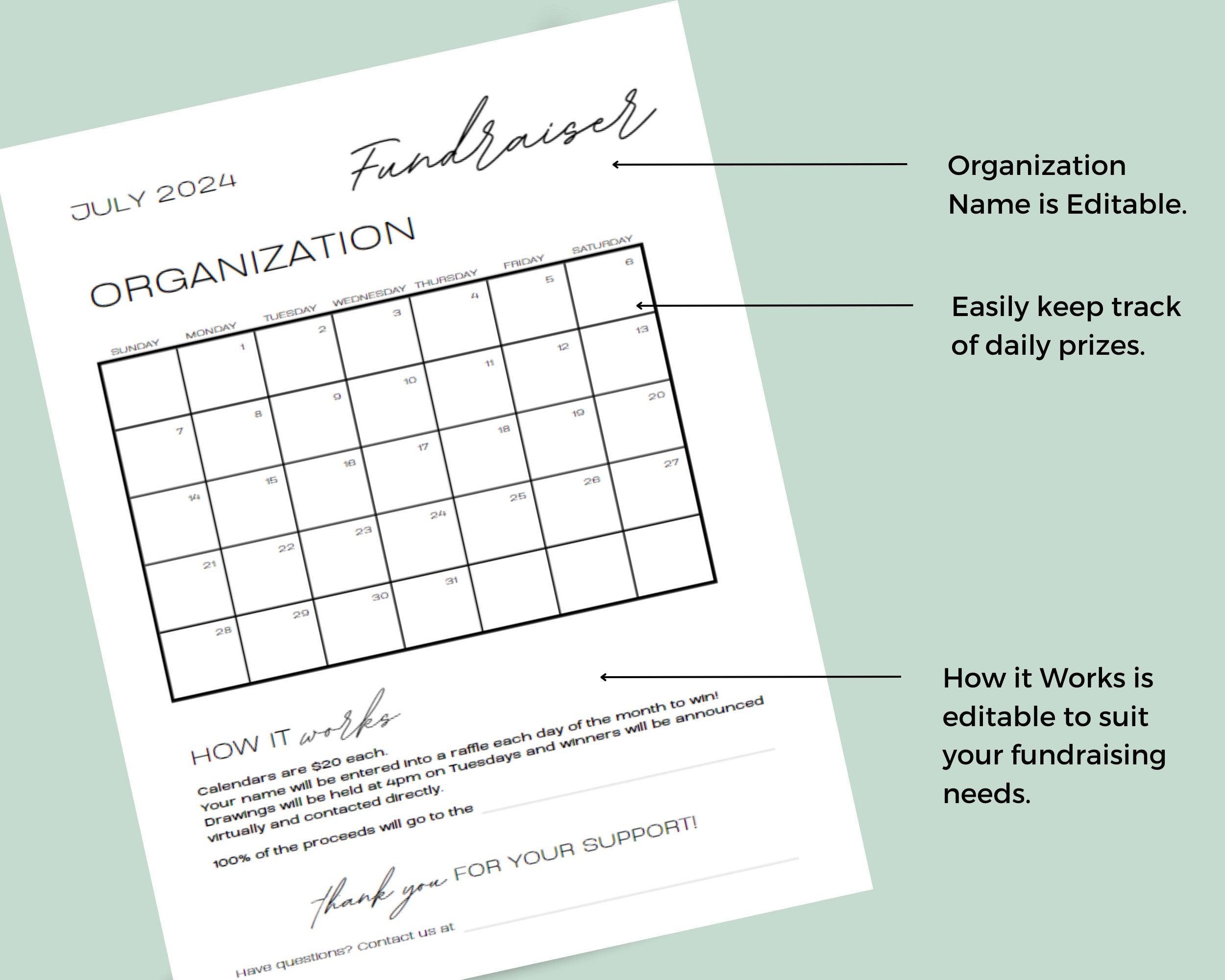 Calendar Raffle Fundraiser, July 2024, Sports Fundraiser, Charity ...