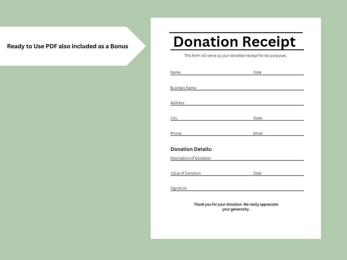 Donation Receipt Form, Editable Template for Donations, Nonprofit ...