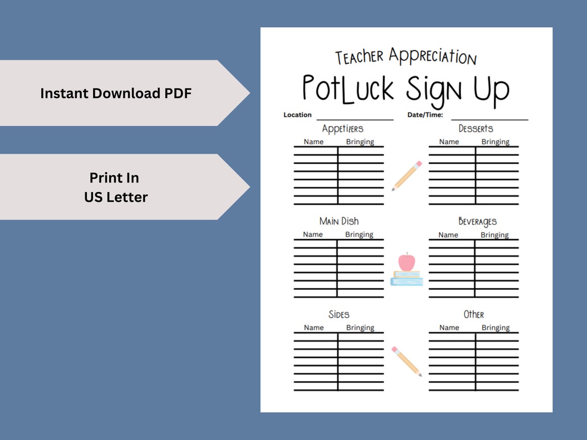 Teacher Appreciation Potluck Sign Up, Meal Sign up Sheet, Office ...
