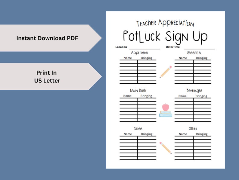 Teacher Appreciation Potluck Sign Up, Meal Sign up Sheet, Office ...