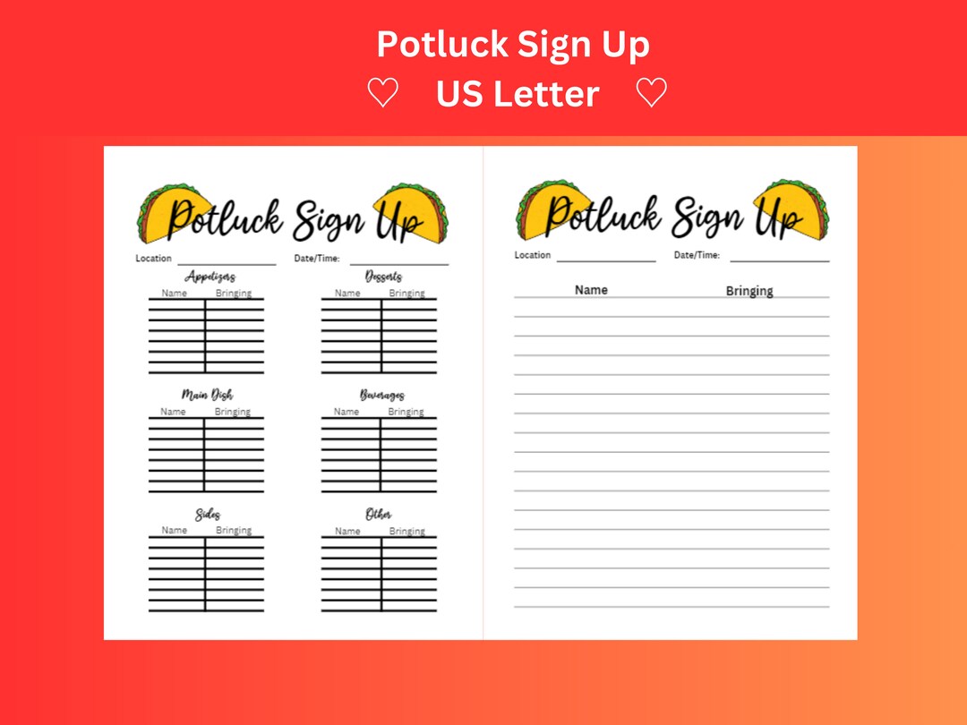 Potluck Sign Up Taco Tuesday Meal Sign up Sheet Taco Bar - Etsy