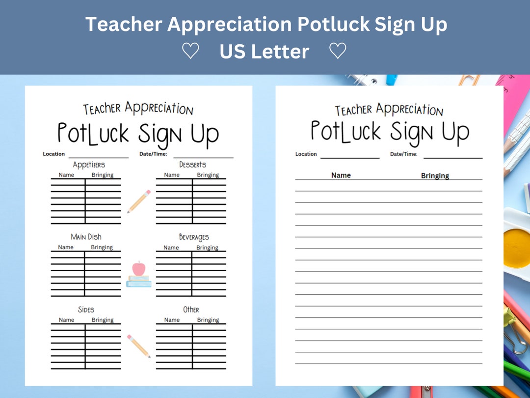 Teacher Appreciation Potluck Sign Up Meal Sign up Sheet - Etsy