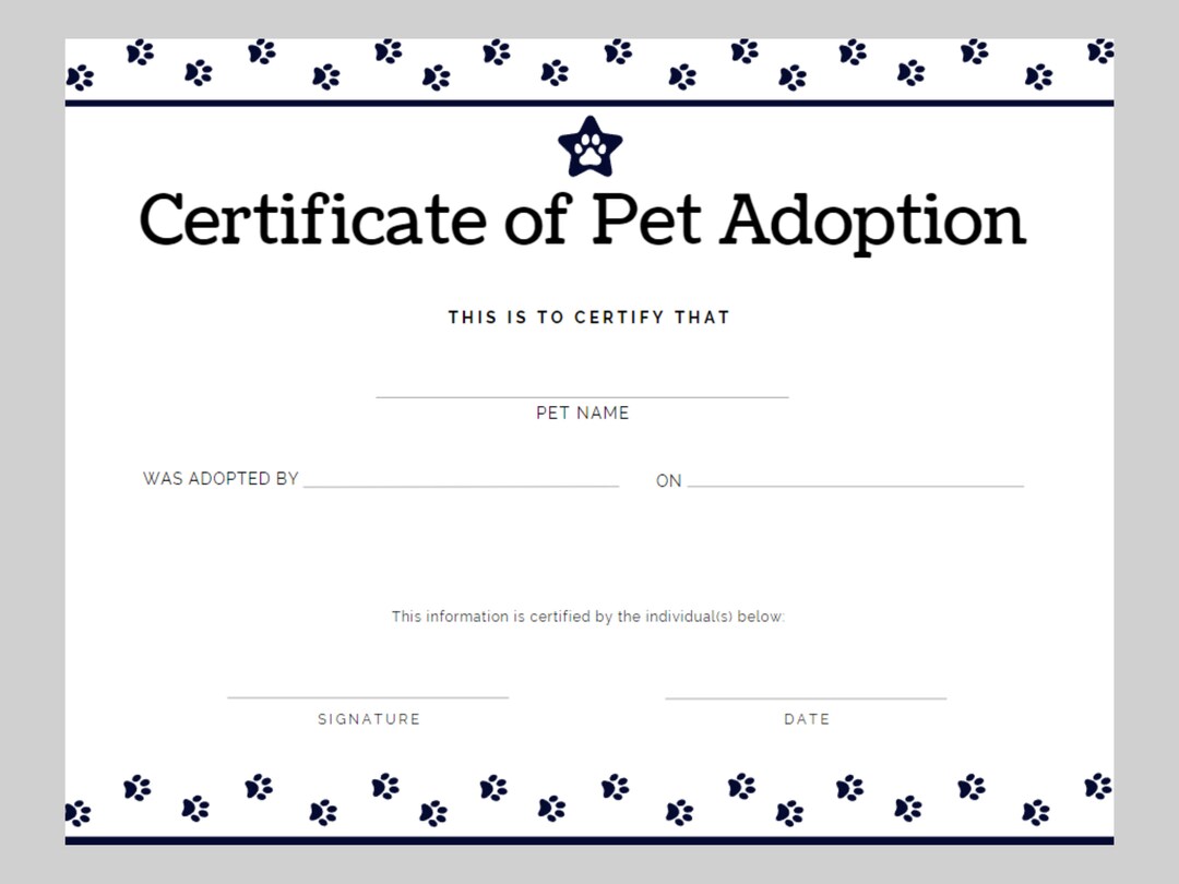 Certificate of Pet Adoption for Dog, Cat Etc. Ready to Use | Printable | Instant Download | - Etsy