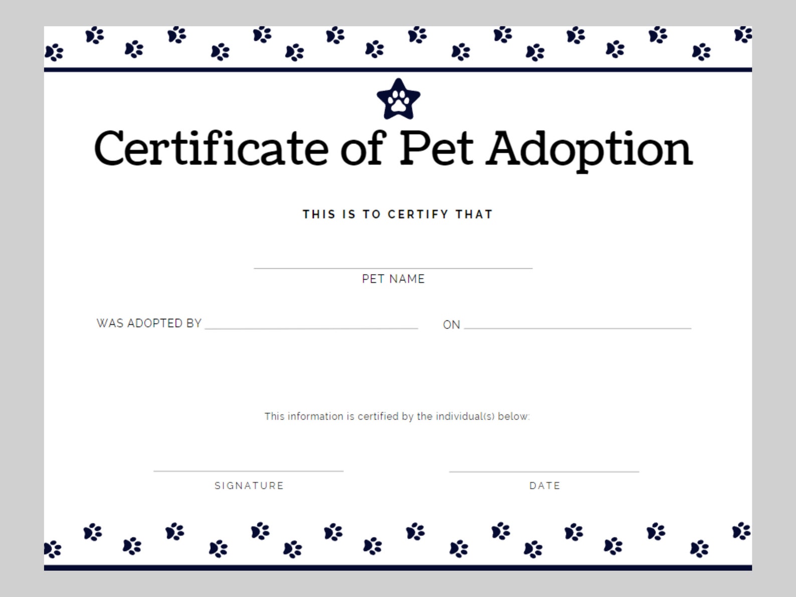 Certificate of Pet Adoption for Dog, Cat Etc. Ready to Use | Printable ...