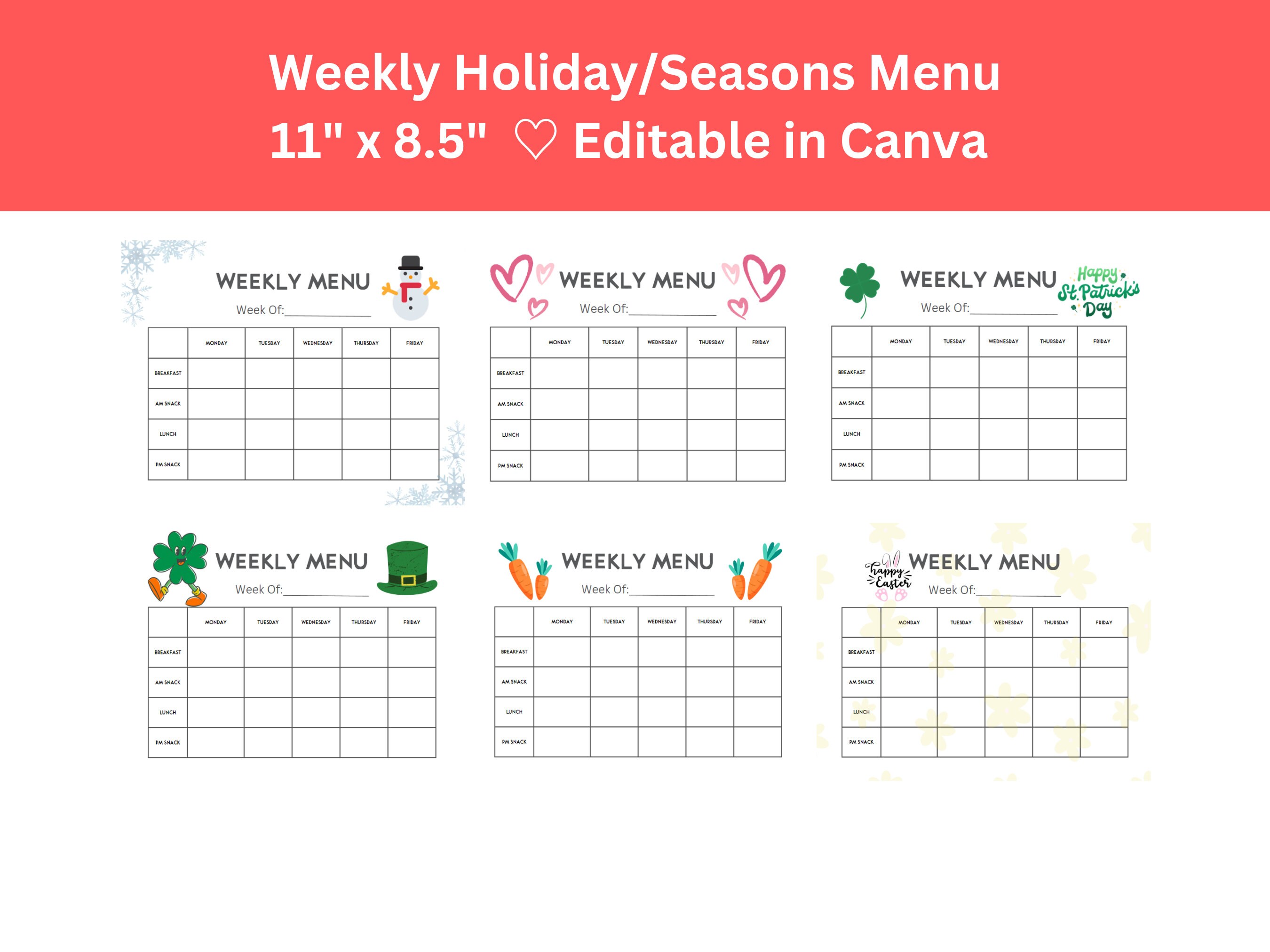 Weekly Holiday/season Daycare Menu Editable Template, Preschool Menu ...