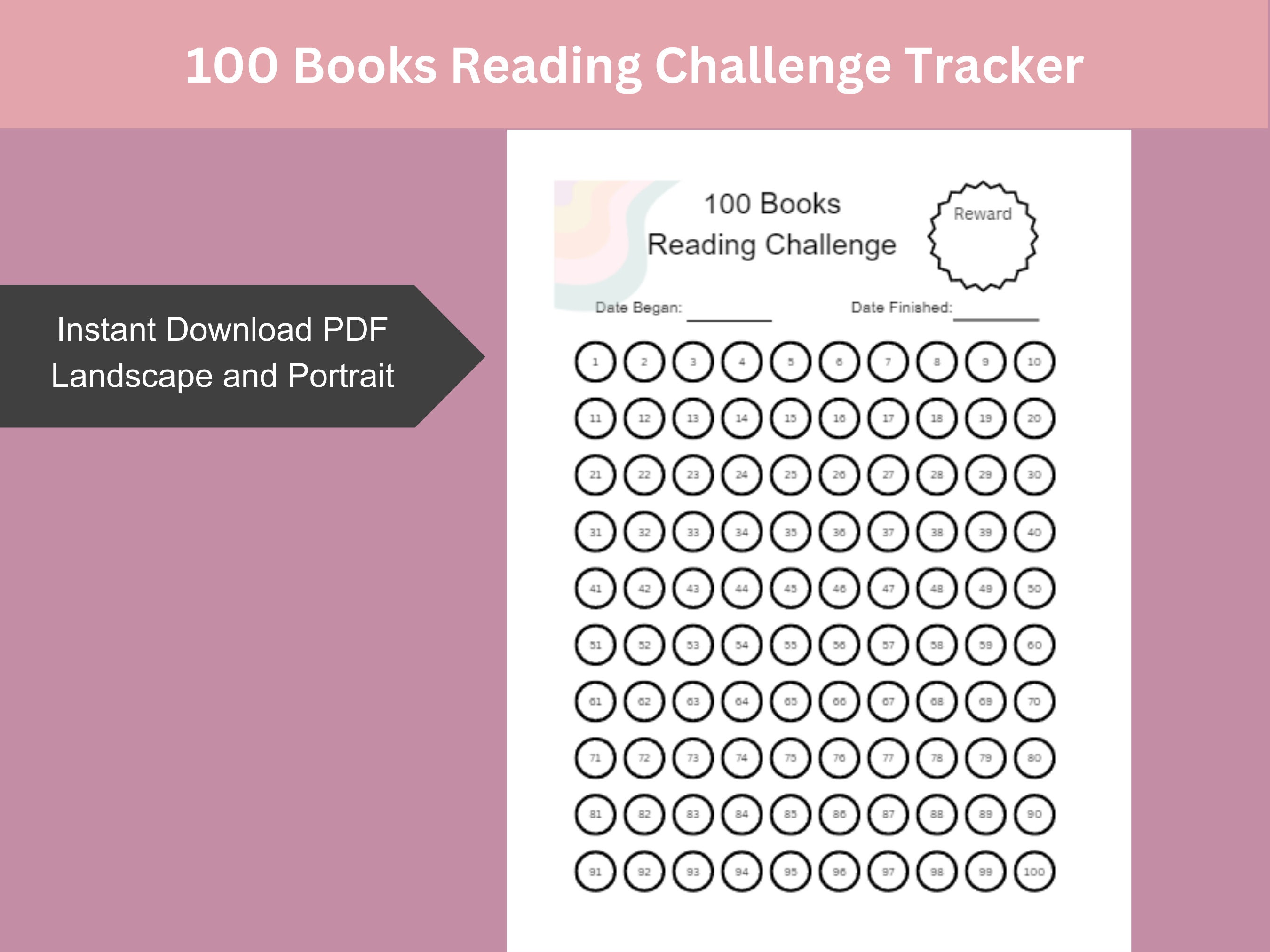 Printable Reading Challenge Tracker 100 Book Tracker Log for Children and Adults Reading Reward ...