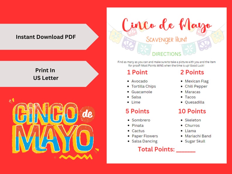 Cinco De Mayo Scavenger Hunt Printable, Taco Tuesday Game, Print From ...