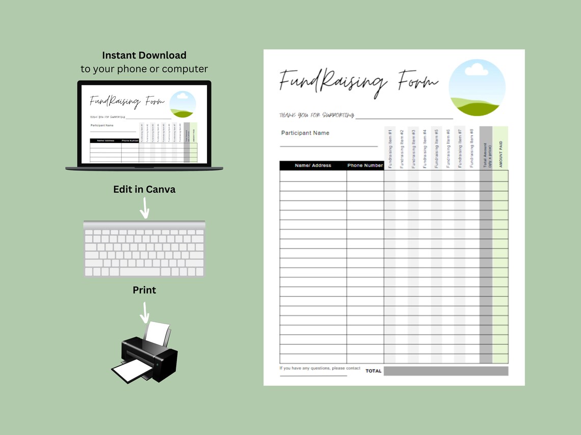 Fundraising Form, Editable Tracking Sheet, Charity Fundraiser Printable ...