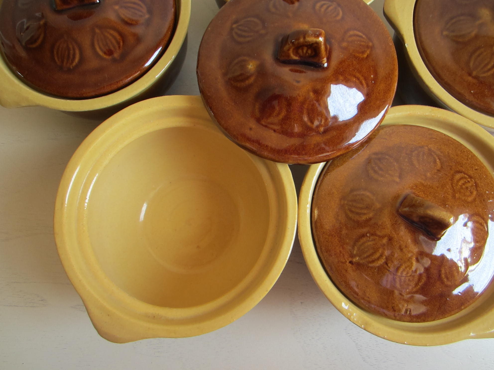 Set of 5 Vintage Pottery Stoneware Covered Bowls / Ceramic / Ovenware ...
