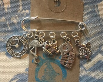 Alice in Wonderland Giant Pin Brooch Silver Plate, Drink Me, Charms ...