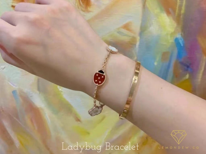 18k Solid Gold Clover Flower Ladybug Bracelet, Gold Bracelet, Women ...