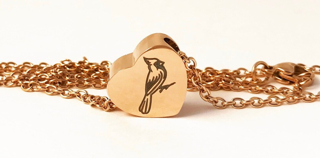Cardinal Cremation Urn Necklace: Engraved Rose Gold Heart, Memorial ...