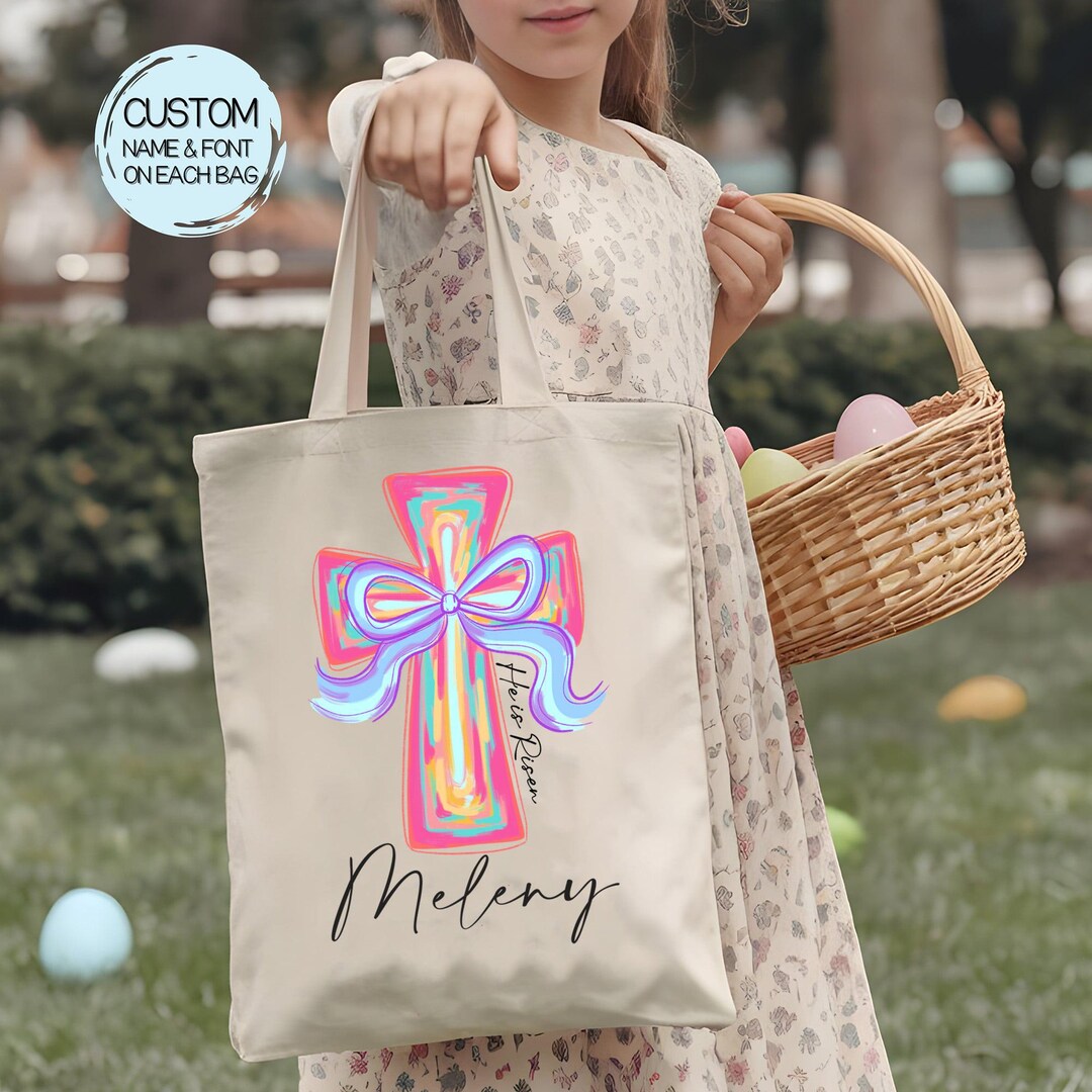 Custom Easter Tote Bag, Personalized Cross Design, Easter Egg Hunt ...