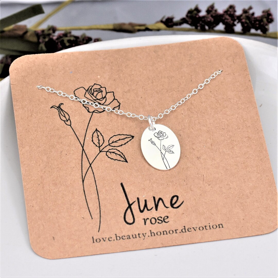 June Birth Flower Necklace With Rose Flower Design - Sterling Silver or ...