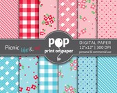 Items similar to floral digital paper PICNIC blue red, flowers, dots ...