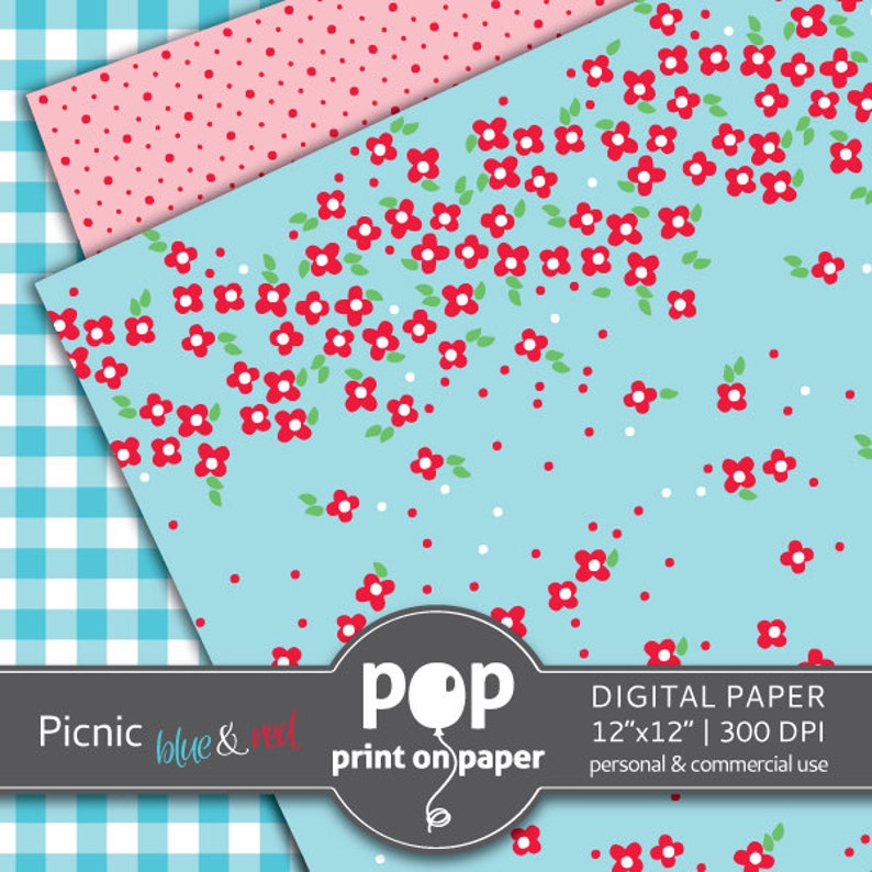 Floral digital paper PICNIC blue red flowers dots braided | Etsy