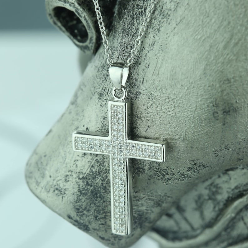 Micro Pave Set Large Cross Necklace, Pendant, Sterling Silver, Man Made ...