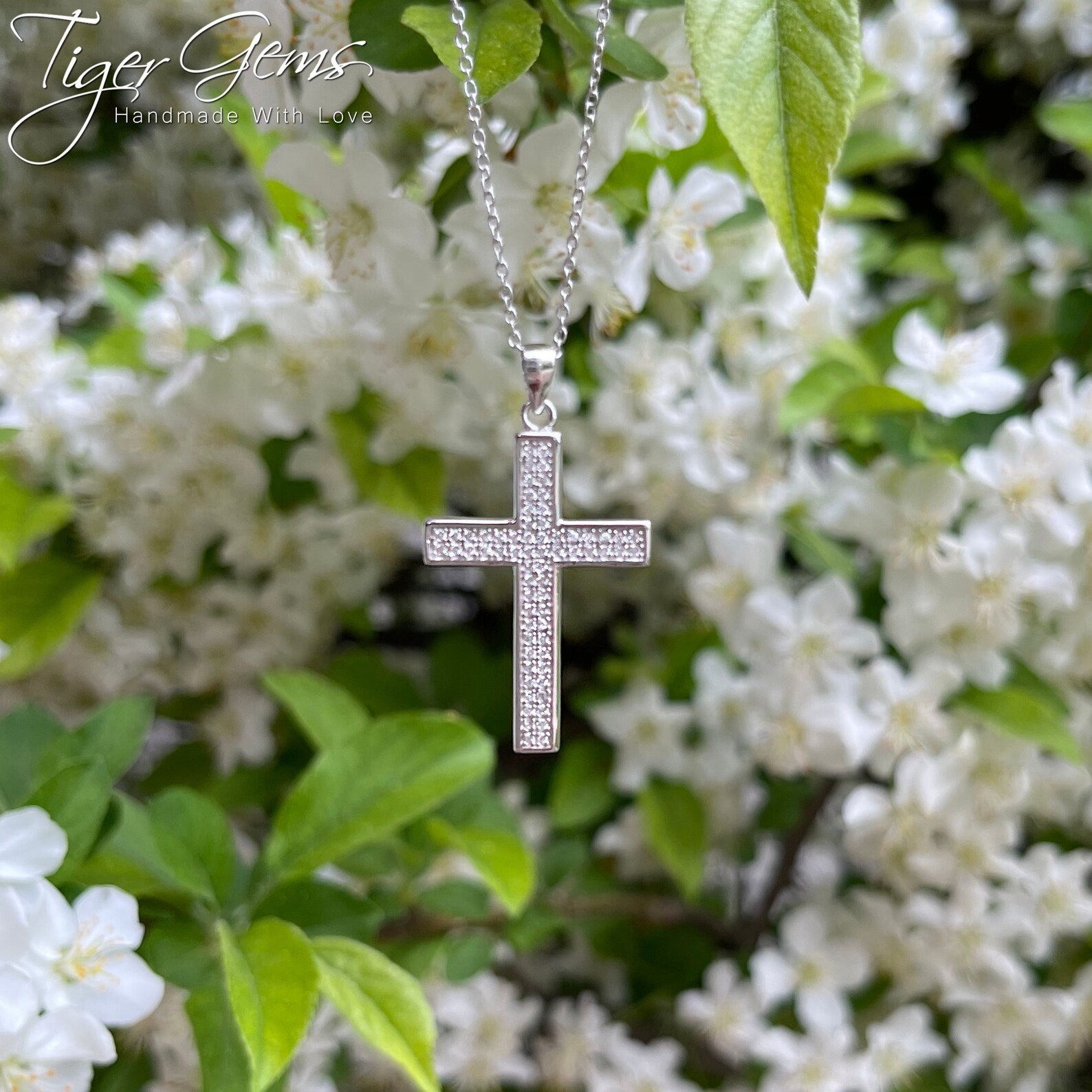Micro Pave Set Large Cross Necklace, Pendant, Sterling Silver, Man Made ...