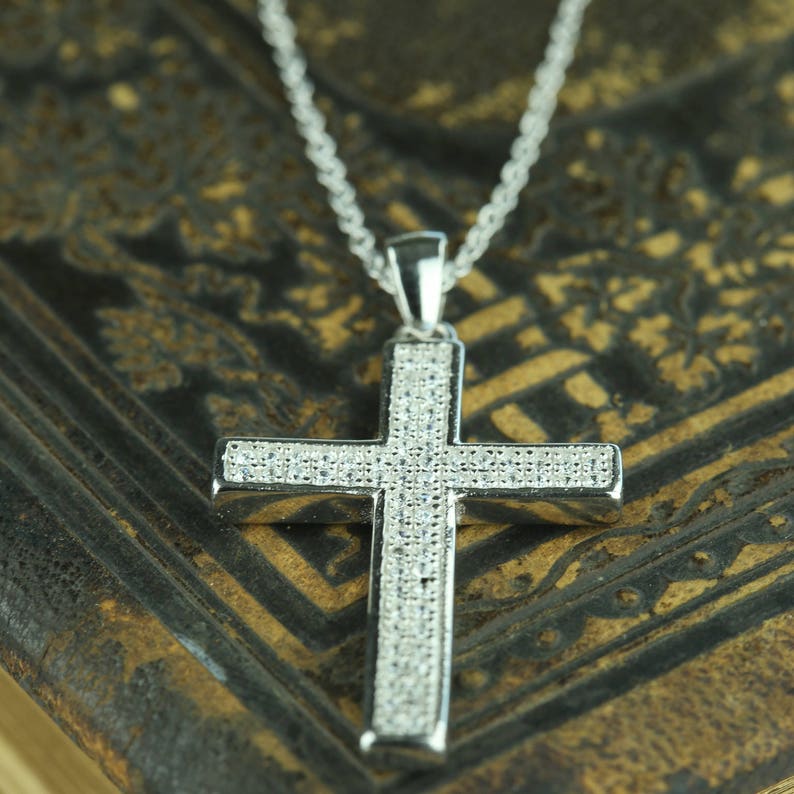Micro Pave Set Large Cross Necklace, Pendant, Sterling Silver, Man Made ...