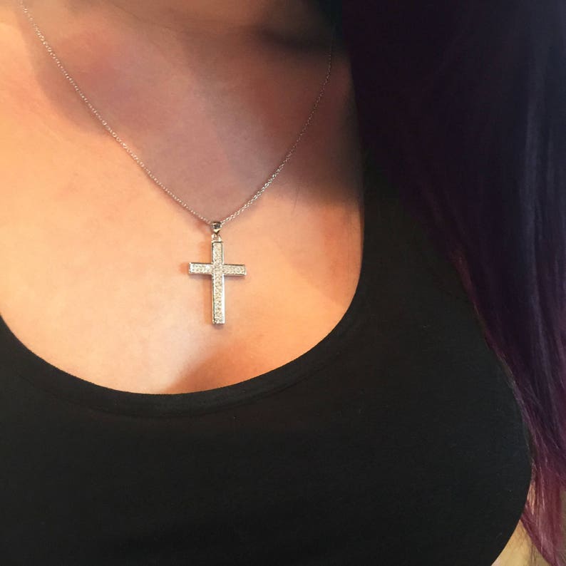 Micro Pave Set Large Cross Necklace, Pendant, Sterling Silver, Man Made ...