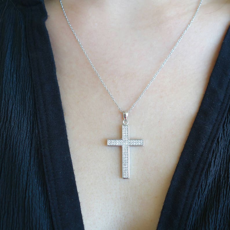 Micro Pave Set Large Cross Necklace, Pendant, Sterling Silver, Man Made ...